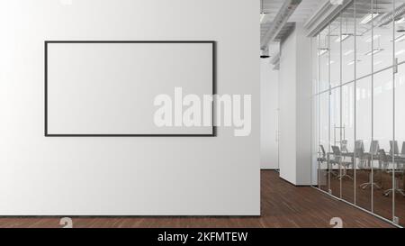 Blank horizontal poster mock up on the wall above office reception desk ...