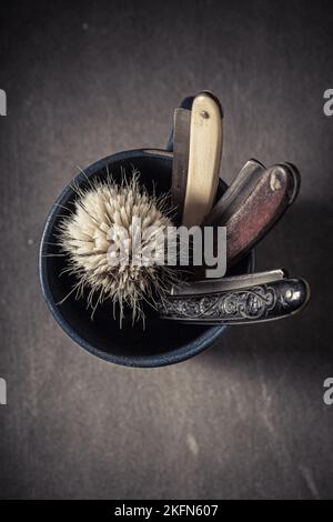 Old and unique tools for shave with razor and brush. Classic shaving ...