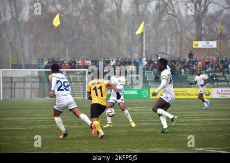 Srinagar, India. 19th Nov, 2022. Nuha Marong (C) of Rajasthan United is ...