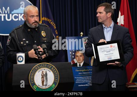 Kentucky Governor Andy Beshear, right, and his wife Britainy, wave to ...