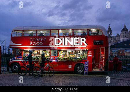 Street Food Diner, a converted double-decker bus, at Albert Dock in ...