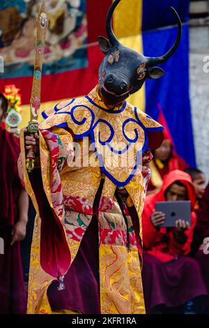 A monk in demon ghost outfit and mask performing Dance at the Tiji ...