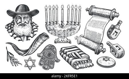 Jewish set. Religion concept sketch. Hanukkah symbols with candlestick ...