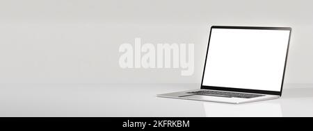 laptop mockup. Laptop in angled position with blank screen isolated on ...