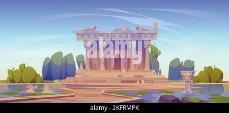 Ruined temple, abandoned architecture building with broken columns and ...