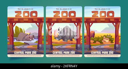 Zoo posters with african animals and entrance with wooden arch ...