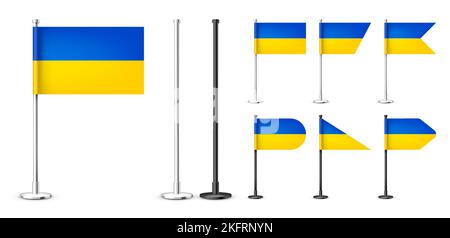 Realistic various Ukrainian table flags on a chrome steel pole ...