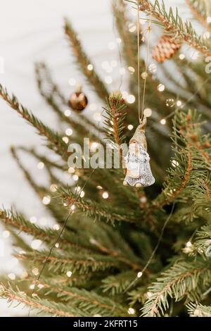 New year 2022, christmas. House room decorated for the holidays. Cones ...