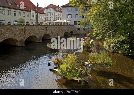 Zinc tubs in the shape of boats with flowering plants on the Gera river ...