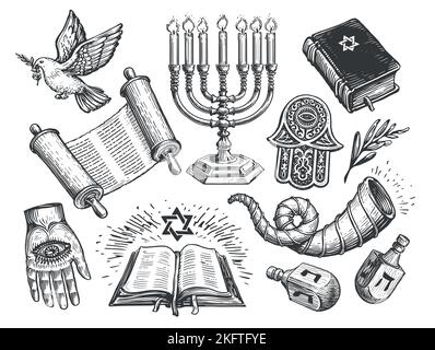Jewish set sketch. Torah scroll, Menorah, Shofar, Rabbi, Miriam hand ...