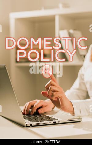 Hand writing sign Domestic Policy, Business idea Actions taken by a ...