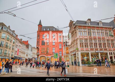 16 December 2019, Ghent, Belgium. Christmas fair in the old town ...