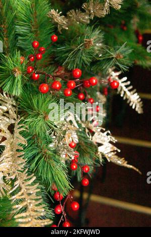 Balloons and handmade decorations on the Christmas tree close-up ...