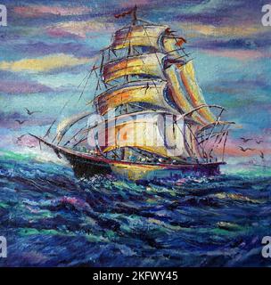 art painting oil color barque lucky , sailboat Stock Photo - Alamy