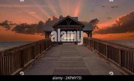 A scenic view of a wooden pier at the Key West island in Florida during ...