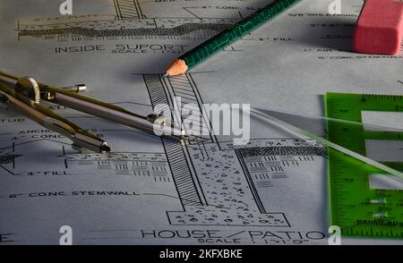 Drafting tools on hand drawn Architectural Plans Stock Photo - Alamy