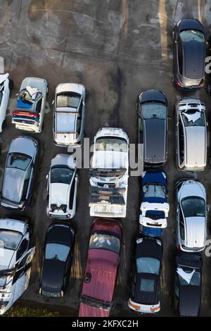 Aerial photographic documentation of a small car demolition park Stock ...