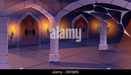 Archway in medieval castle. Vintage architecture. Vector cartoon close ...