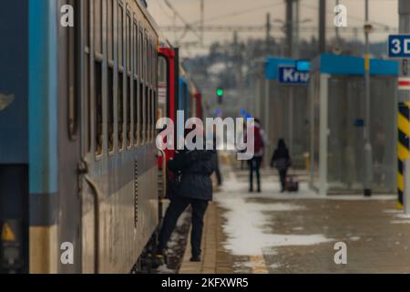 Krizanov station with passenger train in early winter cloudy day Stock ...