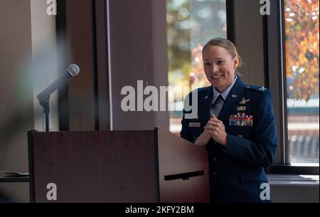 Col. Samantha Pitman, the 710th Operations Group commander, speaks to ...