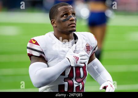Washington Commanders safety Jeremy Reaves (39) reacts during the first ...