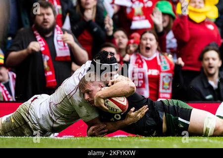 Wales' Jac Morgan scores their side's first try of the game during the ...