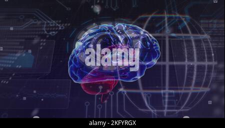 Image of brain, data processing and globe in navy space Stock Photo - Alamy
