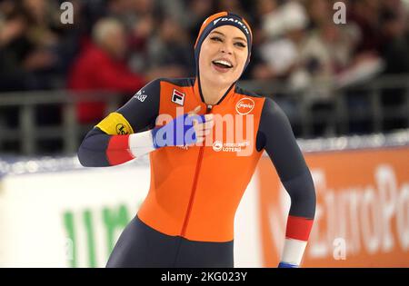 Jutta Leerdam (NED) wins the 1000m during ISU World Cup Speedskating on ...