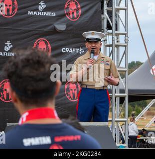 U.S. Marine Sgt. Maj. Adan F. Moreno, center, left, outgoing sergeant ...