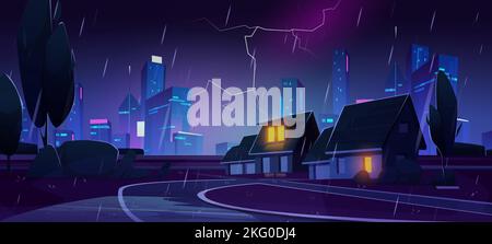 Rainy night in city suburb. Cartoon vector illustration of town street ...