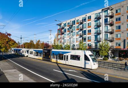 Public light rail service - the MAX Train - along Interstate Avenue in ...