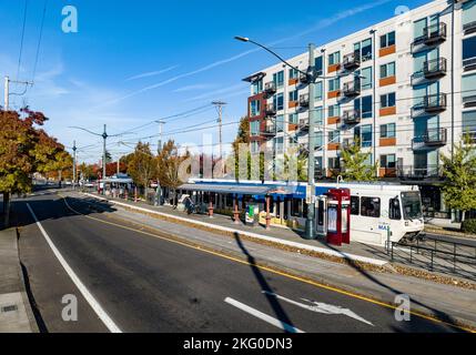 Public light rail service - the MAX Train - along Interstate Avenue in ...