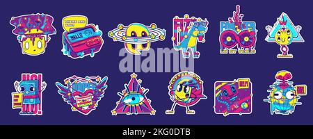 Psychedelic retro rave stickers with coffee man, pager and retro audio ...