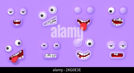 3d render mouths set, funny monster or cute cartoon personage different ...