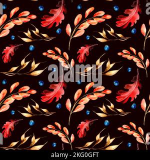 Bright autumn red leaves and spikelet watercolor seamless pattern on ...