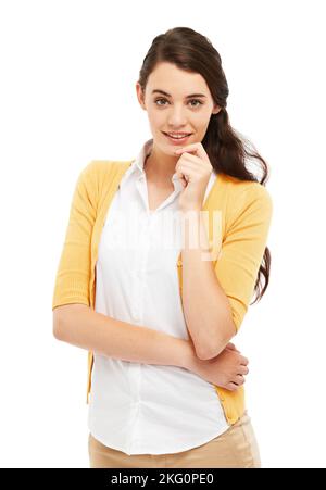 Thinking things through: A young Caucasian woman girl wearing a yellow ...