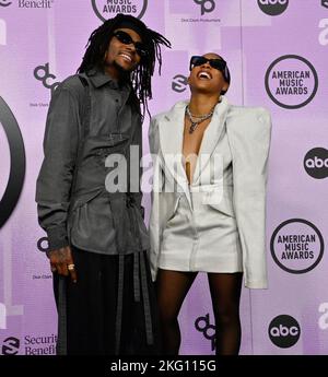 (L-R) Barbara Wilson and J.I.D. at the 2022 American Music Awards held ...