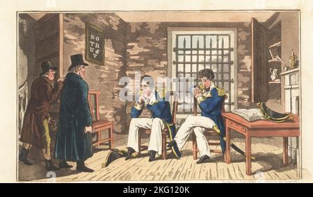 Two English Regency naval officers in the captain's cabin before a battle with the French during ...