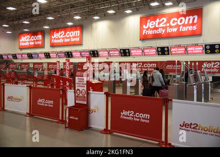 Jet2.com airline check in desk seen at London Stansted Airport Stock ...