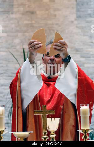 Eucharistic celebration. Priest raising the host Stock Photo - Alamy