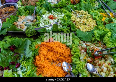 Collection of tasty pasta salads on white background, top view Stock ...