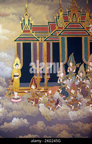 Cambodia, Phnom Penh, Wat Phnom, Wall Mural depicting Life of Buddha ...