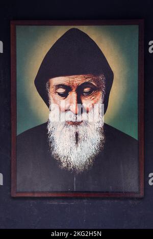 Saint Charbel painting in Saint Charbel's monastery in Bekaa Kafra, his ...