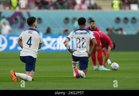 England's Declan Rice and Jude Bellingham take a knee ahead of the FIFA ...