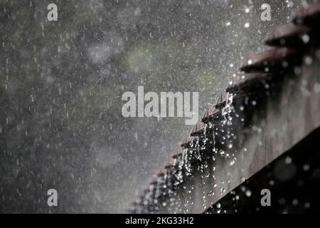 Rain drops falling over roof during monsoon. Rainy day and rainy season ...
