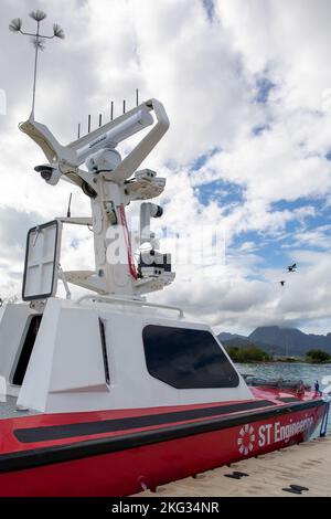 An ST Engineering vessel equipped with the AUTONOMAST system, conducts ...