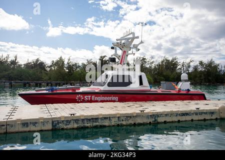 An ST Engineering vessel equipped with the AUTONOMAST system, conducts ...