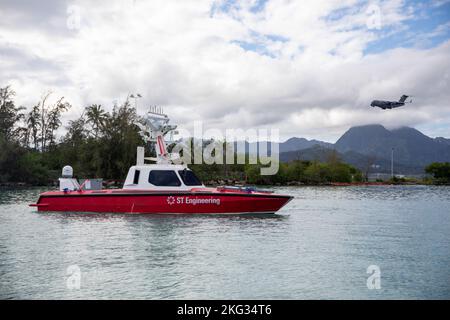 An ST Engineering vessel equipped with the AUTONOMAST system, conducts ...