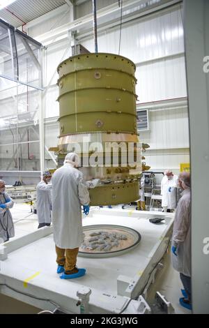 LOFTID Spacecraft Stack Lift and Mate to GTV. Technicians assist as a ...