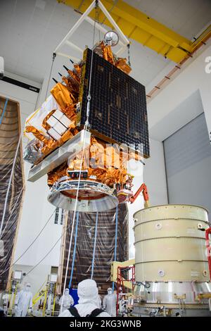 JPSS-2 Mate SC to LOFTID Stack. Technicians assist as a crane transfers ...